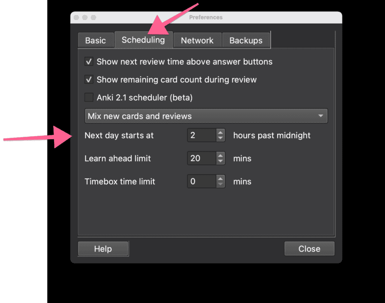 How to change time of day when Anki cards show up for review